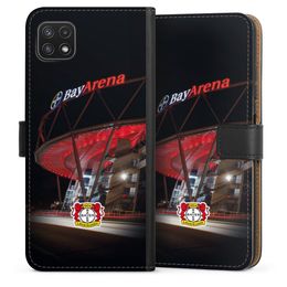 DeinDesign Galaxy A22 5G Handy Klapph&uuml;lle Handyh&uuml;lle aus Kunst Leder schwarz Flip Case Bayer 04 Leverkusen Stadium Official Licensed Product Sideflip mit langer 
