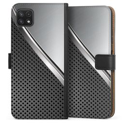 DeinDesign Galaxy A22 5G Handy Klapph&uuml;lle Handyh&uuml;lle aus Kunst Leder schwarz Flip Case Carbon Steel Metall Sideflip mit langer Lasche
