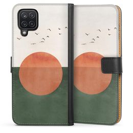 DeinDesign Galaxy A12 Handy Klapph&uuml;lle Handyh&uuml;lle aus Kunst Leder schwarz Flip Case Sunset Bird Sunshine Sideflip mit langer Lasche