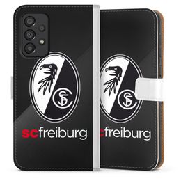 DeinDesign Galaxy A33 5G Handy Klapph&uuml;lle Handyh&uuml;lle aus Kunst Leder wei&szlig; Flip Case Lettering Sc Freiburg Logo Sideflip mit Lasche