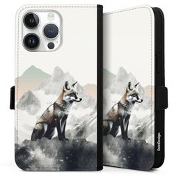 DeinDesign iPhone 14 Pro Max Handy Klapph&uuml;lle Handyh&uuml;lle aus Kunst Leder schwarz Flip Case Nature Mountain Fox Sideflip mit Lasche