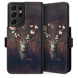 DeinDesign Galaxy S21 Ultra 5G Handy Klapph&uuml;lle Handyh&uuml;lle aus Kunst Leder schwarz Flip Case Reindeer Flowers Rehe Sideflip mit Lasche