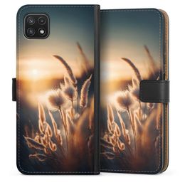 DeinDesign Galaxy A22 5G Handy Klapph&uuml;lle Handyh&uuml;lle aus Kunst Leder schwarz Flip Case Nature Pampasgras Sun Sideflip mit langer Lasche