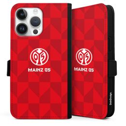 DeinDesign iPhone 14 Pro Max Handy Klapph&uuml;lle Handyh&uuml;lle aus Kunst Leder schwarz Flip Case Mainz 05 Official Licensed Product Merchandise Sideflip mit Lasche