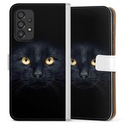 DeinDesign Galaxy A33 5G Handy Klapph&uuml;lle Handyh&uuml;lle aus Kunst Leder wei&szlig; Flip Case Black Eye Cat Sideflip mit Lasche