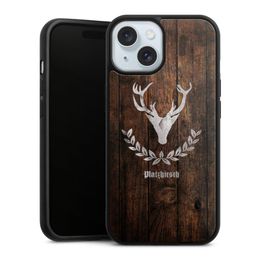 DeinDesign iPhone 15 Handy Gallery Case Handyh&uuml;lle 9H Geh&auml;rtetes Glas R&uuml;ckseite H&uuml;lle Wooden Look Deer Wood Gallery Case