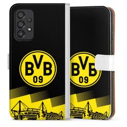 DeinDesign Galaxy A33 5G Handy Klapph&uuml;lle Handyh&uuml;lle aus Kunst Leder wei&szlig; Flip Case Bvb Stadium Borussia Dortmund Sideflip mit Lasche