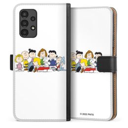 DeinDesign Galaxy A13 4G Handy Klapph&uuml;lle Handyh&uuml;lle aus Kunst Leder schwarz Flip Case Merchandise Kindheit Peanuts Sideflip mit langer Lasche