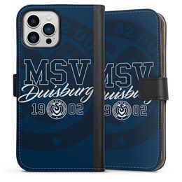 DeinDesign iPhone 13 Pro Max Handy Klapph&uuml;lle Handyh&uuml;lle aus Kunst Leder schwarz Flip Case Soccer Merchandise Msv Duisburg Sideflip mit langer Lasche