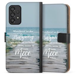 DeinDesign Galaxy A33 5G Handy Klapph&uuml;lle Handyh&uuml;lle aus Kunst Leder schwarz Flip Case Statement Beach Spruch Sideflip mit langer Lasche