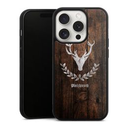 DeinDesign iPhone 15 Pro Handy Gallery Case Handyh&uuml;lle 9H Geh&auml;rtetes Glas R&uuml;ckseite H&uuml;lle Wooden Look Deer Wood Gallery Case