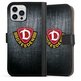 DeinDesign iPhone 13 Pro Max Handy Klapph&uuml;lle Handyh&uuml;lle aus Kunst Leder schwarz Flip Case Sgd Official Licensed Product Sg Dynamo Dresden Sideflip mit langer 