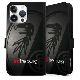 DeinDesign iPhone 14 Pro Max Handy Klapph&uuml;lle Handyh&uuml;lle aus Kunst Leder schwarz Flip Case Official Licensed Product Sc Freiburg Metallic Look Sideflip mit 