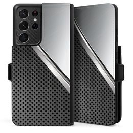 DeinDesign Galaxy S21 Ultra 5G Handy Klapph&uuml;lle Handyh&uuml;lle aus Kunst Leder schwarz Flip Case Steel Metall Carbon Sideflip mit Lasche