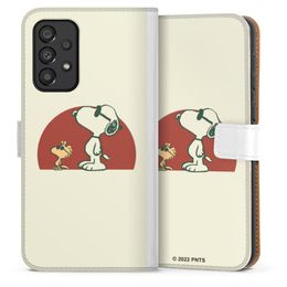 DeinDesign Galaxy A33 5G Handy Klapph&uuml;lle Handyh&uuml;lle aus Kunst Leder wei&szlig; Flip Case Kindheit Snoopy Official Licensed Product Sideflip mit Lasche