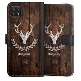 DeinDesign Galaxy A22 5G Handy Klapph&uuml;lle Handyh&uuml;lle aus Kunst Leder schwarz Flip Case Wood Deer Wooden Look Sideflip mit langer Lasche