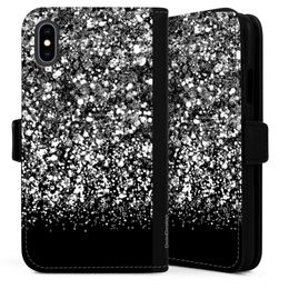 DeinDesign iPhone X Handy Klapph&uuml;lle Handyh&uuml;lle aus Kunst Leder schwarz Flip Case Muster Snowflake Glitzer Sideflip mit langer Lasche