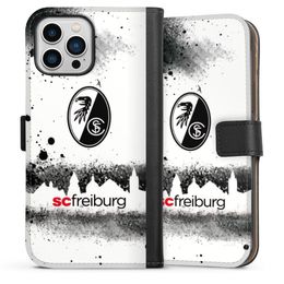 DeinDesign iPhone 13 Pro Max Handy Klapph&uuml;lle Handyh&uuml;lle aus Kunst Leder schwarz Flip Case Skyline Sc Freiburg Logo Sideflip mit langer Lasche