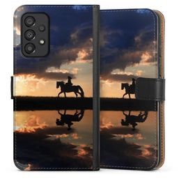 DeinDesign Galaxy A33 5G Handy Klapph&uuml;lle Handyh&uuml;lle aus Kunst Leder schwarz Flip Case Sunset Horse Horseback Riding Sideflip mit langer Lasche