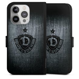 DeinDesign iPhone 14 Pro Handy Klapph&uuml;lle Handyh&uuml;lle aus Kunst Leder schwarz Flip Case Sg Dynamo Dresden Official Licensed Product Vintage Sideflip mit langer 