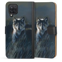 DeinDesign Galaxy A12 Handy Klapph&uuml;lle Handyh&uuml;lle aus Kunst Leder schwarz Flip Case Nature Painting Wolf Sideflip mit langer Lasche