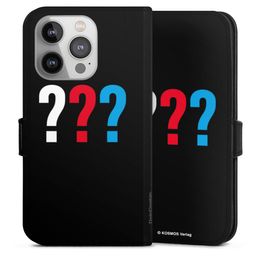 DeinDesign iPhone 14 Pro Handy Klapph&uuml;lle Handyh&uuml;lle aus Kunst Leder schwarz Flip Case Official Licensed Product Die Drei ??? Logo Sideflip mit langer Lasche
