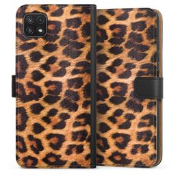 DeinDesign Galaxy A22 5G Handy Klapph&uuml;lle Handyh&uuml;lle aus Kunst Leder schwarz Flip Case Animal Print Leopard Fur Sideflip mit langer Lasche