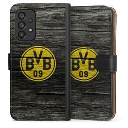 DeinDesign Galaxy A53 5G Handy Klapph&uuml;lle Handyh&uuml;lle aus Kunst Leder schwarz Flip Case Bvb Wooden Look Borussia Dortmund Sideflip mit langer Lasche