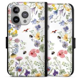 DeinDesign iPhone 14 Pro Handy Klapph&uuml;lle Handyh&uuml;lle aus Kunst Leder schwarz Flip Case Flowers Bee Muster Sideflip mit langer Lasche