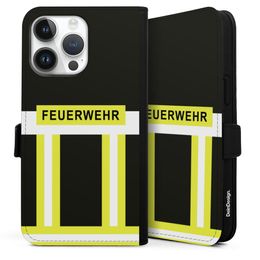 DeinDesign iPhone 14 Pro Max Handy Klapph&uuml;lle Handyh&uuml;lle aus Kunst Leder schwarz Flip Case Fire Fighters Job Fire Fighter Sideflip mit Lasche