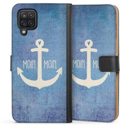 DeinDesign Galaxy A12 Handy Klapph&uuml;lle Handyh&uuml;lle aus Kunst Leder schwarz Flip Case Anchor Maritim Blue Sideflip mit langer Lasche