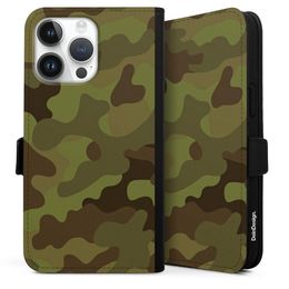 DeinDesign iPhone 14 Pro Max Handy Klapph&uuml;lle Handyh&uuml;lle aus Kunst Leder schwarz Flip Case Camouflage Tarnmuster Army Sideflip mit Lasche