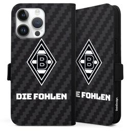 DeinDesign iPhone 14 Pro Max Handy Klapph&uuml;lle Handyh&uuml;lle aus Kunst Leder schwarz Flip Case Borussia M&ouml;nchengladbach Carbon Gladbach Sideflip mit Lasche