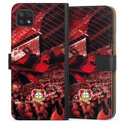 DeinDesign Galaxy A22 5G Handy Klapph&uuml;lle Handyh&uuml;lle aus Kunst Leder schwarz Flip Case Merchandise Bayer 04 Leverkusen Official Licensed Product Sideflip mit 