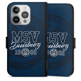 DeinDesign iPhone 14 Pro Handy Klapph&uuml;lle Handyh&uuml;lle aus Kunst Leder schwarz Flip Case Soccer Merchandise Msv Duisburg Sideflip mit langer Lasche