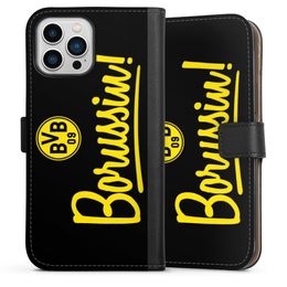 DeinDesign iPhone 13 Pro Max Handy Klapph&uuml;lle Handyh&uuml;lle aus Kunst Leder schwarz Flip Case Borussia Dortmund Bvb Soccer Sideflip mit langer Lasche