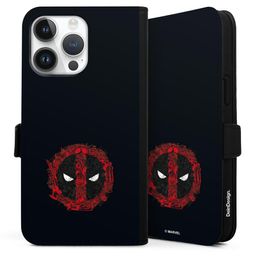 DeinDesign iPhone 14 Pro Max Handy Klapph&uuml;lle Handyh&uuml;lle aus Kunst Leder schwarz Flip Case Logo Marvel Deadpool Sideflip mit Lasche