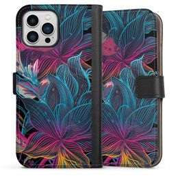 DeinDesign iPhone 13 Pro Max Handy Klapph&uuml;lle Handyh&uuml;lle aus Kunst Leder schwarz Flip Case Colourful Flowers Neon Sideflip mit langer Lasche