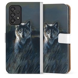 DeinDesign Galaxy A33 5G Handy Klapph&uuml;lle Handyh&uuml;lle aus Kunst Leder wei&szlig; Flip Case Nature Painting Wolf Sideflip mit Lasche
