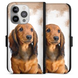 DeinDesign iPhone 14 Pro Handy Klapph&uuml;lle Handyh&uuml;lle aus Kunst Leder schwarz Flip Case Pet Dachshund Dog Sideflip mit langer Lasche