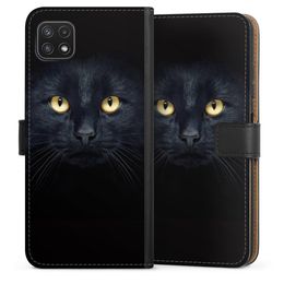 DeinDesign Galaxy A22 5G Handy Klapph&uuml;lle Handyh&uuml;lle aus Kunst Leder schwarz Flip Case Black Eye Cat Sideflip mit langer Lasche