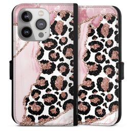 DeinDesign iPhone 14 Pro Handy Klapph&uuml;lle Handyh&uuml;lle aus Kunst Leder schwarz Flip Case Leopard Glitzer Marble Sideflip mit langer Lasche