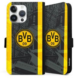 DeinDesign iPhone 14 Pro Max Handy Klapph&uuml;lle Handyh&uuml;lle aus Kunst Leder schwarz Flip Case Bvb Borussia Dortmund Stadium Sideflip mit Lasche