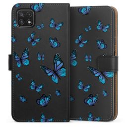 DeinDesign Galaxy A22 5G Handy Klapph&uuml;lle Handyh&uuml;lle aus Kunst Leder schwarz Flip Case Transparent Muster Butterfly Sideflip mit langer Lasche