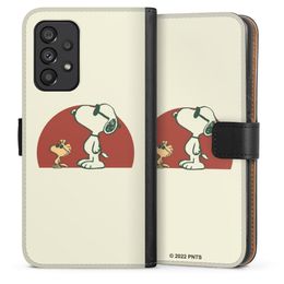DeinDesign Galaxy A53 5G Handy Klapph&uuml;lle Handyh&uuml;lle aus Kunst Leder schwarz Flip Case Kindheit Snoopy Official Licensed Product Sideflip mit langer Lasche