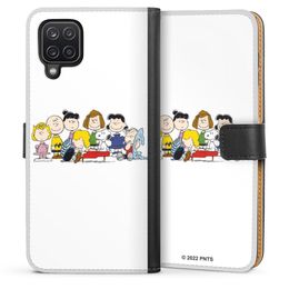 DeinDesign Galaxy A12 Handy Klapph&uuml;lle Handyh&uuml;lle aus Kunst Leder schwarz Flip Case Peanuts Kindheit Merchandise Sideflip mit langer Lasche