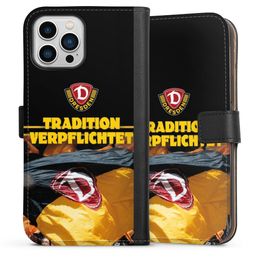 DeinDesign iPhone 13 Pro Max Handy Klapph&uuml;lle Handyh&uuml;lle aus Kunst Leder schwarz Flip Case Sgd Sg Dynamo Dresden Merchandise Sideflip mit langer Lasche