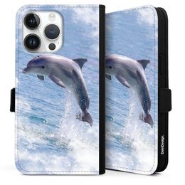 DeinDesign iPhone 14 Pro Max Handy Klapph&uuml;lle Handyh&uuml;lle aus Kunst Leder schwarz Flip Case Wale Ocean Dolphin Sideflip mit Lasche