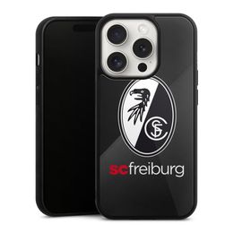DeinDesign iPhone 15 Pro Handy Gallery Case Handyh&uuml;lle 9H Geh&auml;rtetes Glas R&uuml;ckseite H&uuml;lle Sc Freiburg Lettering Logo Gallery Case