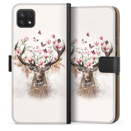 DeinDesign Galaxy A22 5G Handy Klapph&uuml;lle Handyh&uuml;lle aus Kunst Leder schwarz Flip Case Deer Flowers Animals Sideflip mit langer Lasche